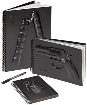 3D Notebooks featuring weapons on their textured covers.