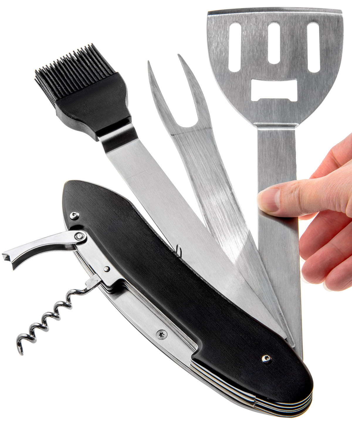 5-in-1 BBQ Multi-Tool: Grilling multi-tool with pocketknife design.