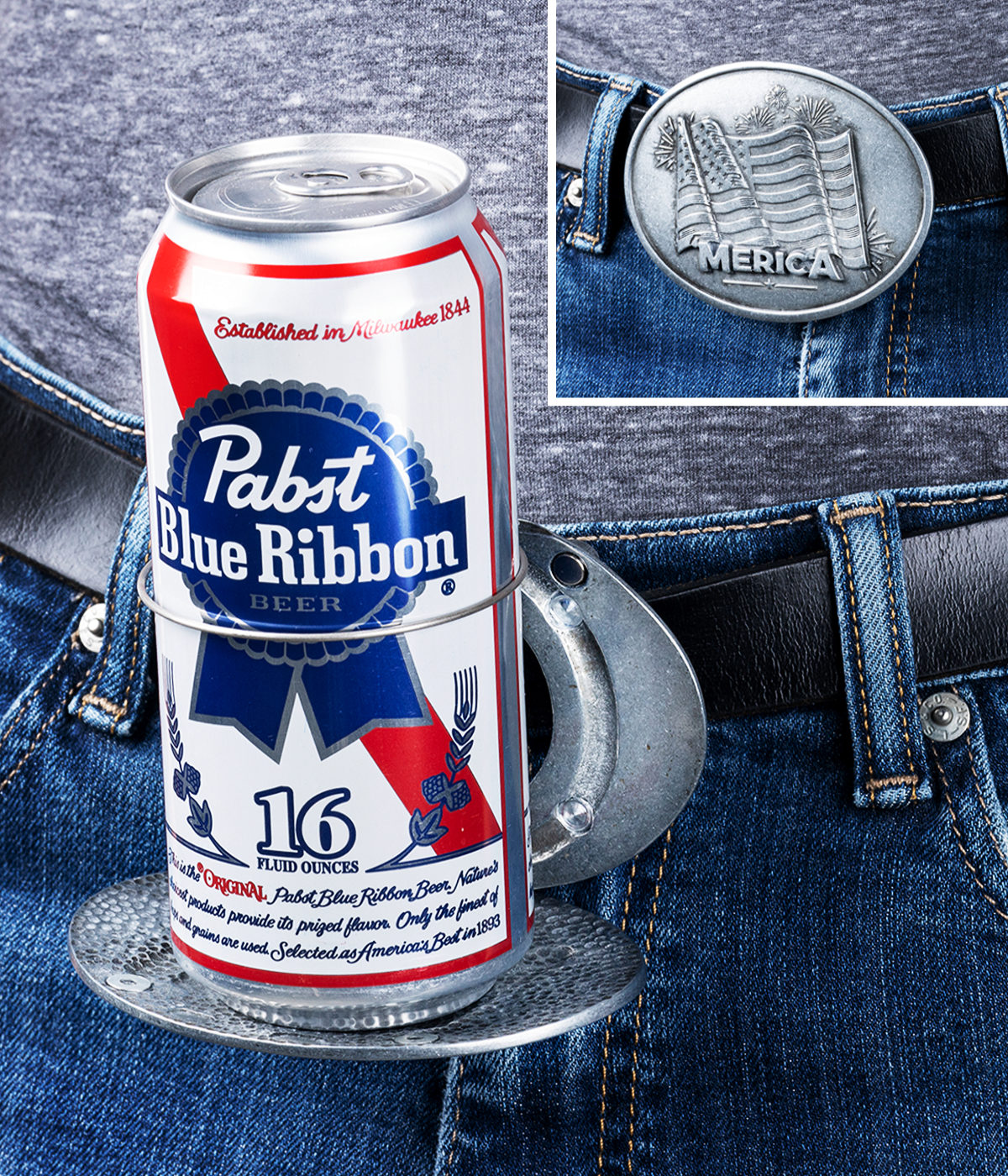Bev Buckle: Metal 'Merica belt buckle that can hold your beer.