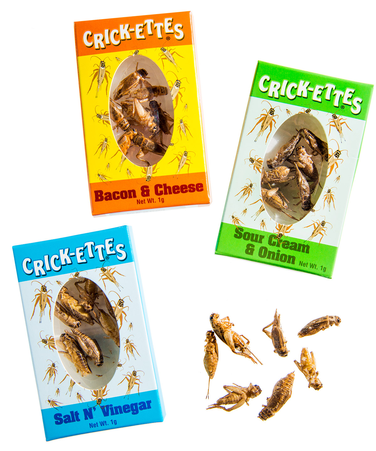 Crick-ettes: Flavored snacks made with real whole crickets.