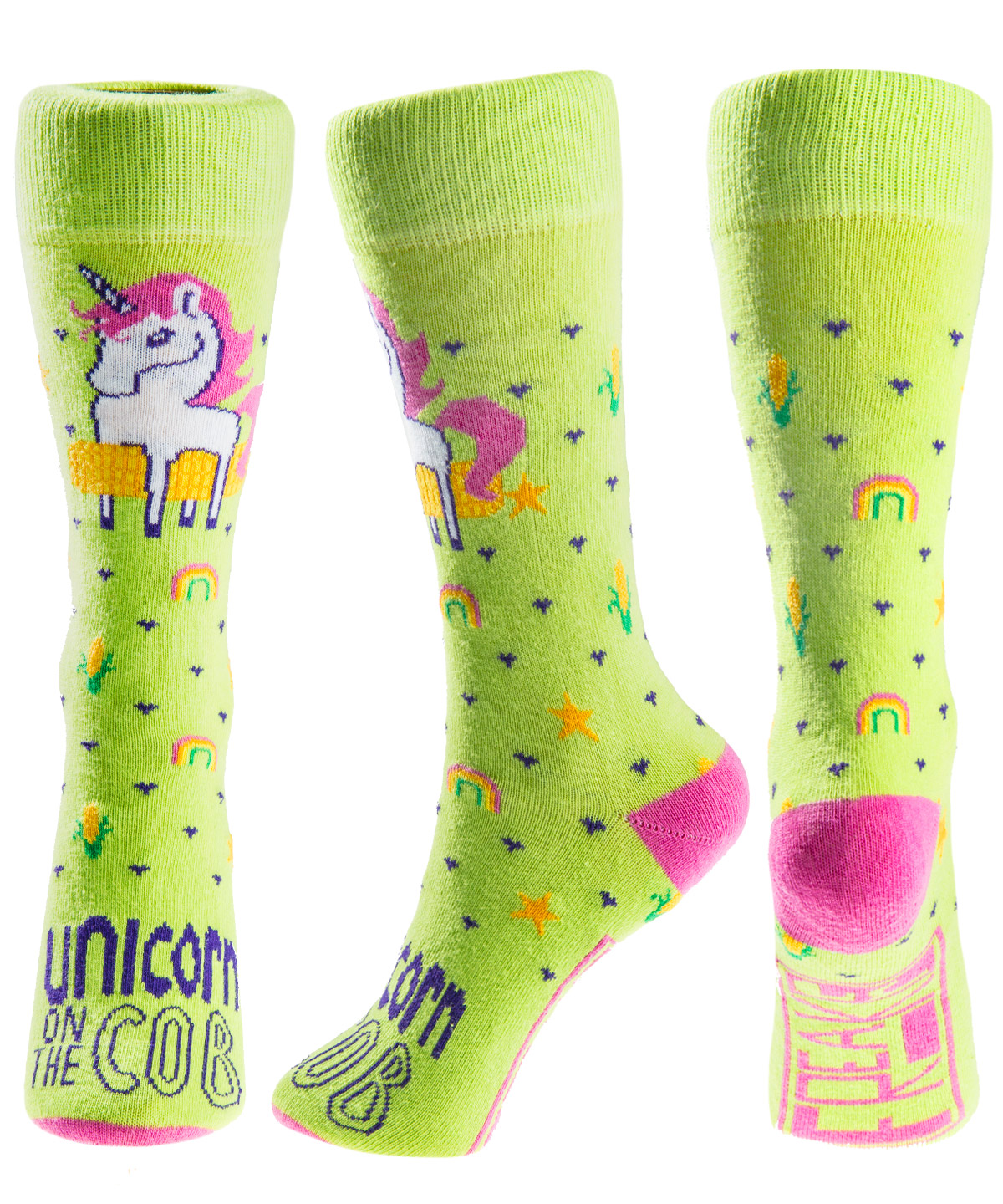 Freaker Socks - Unicorn on the Cob: Socks sporting a corny unicorn pun.