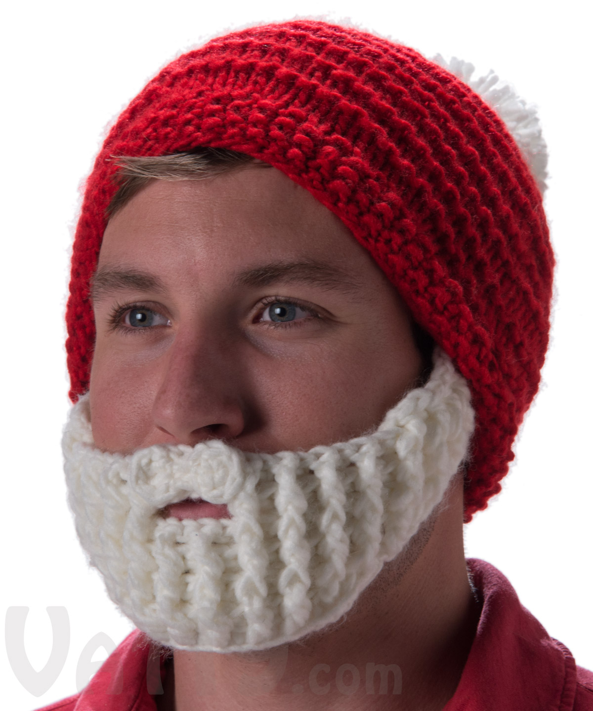 Santa Beardo Beard Hat: Knitted red beanie with detachable white beard.