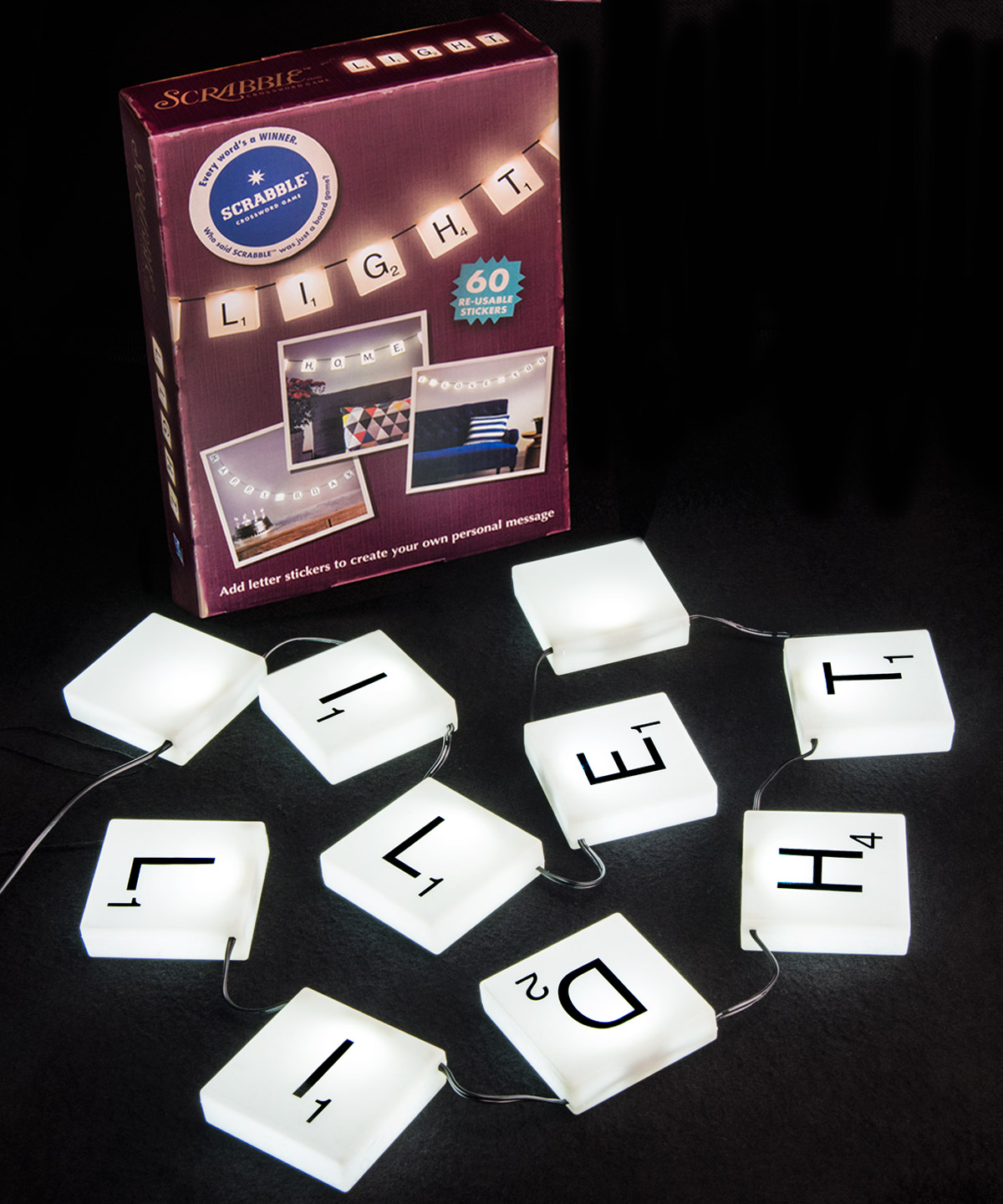 Scrabble Lights: Illuminated string of lights styled like Scrabble tiles.