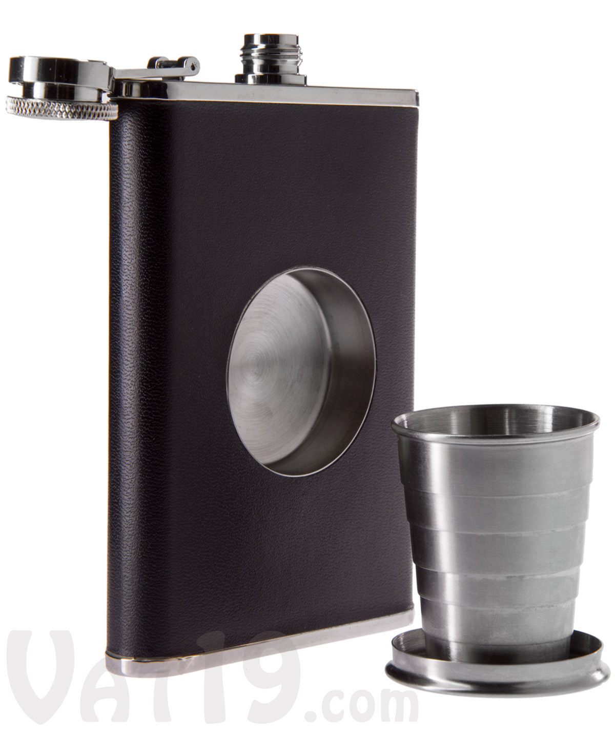 Shot Flask: Stainless steel drinking flash with a hidden shot glass.