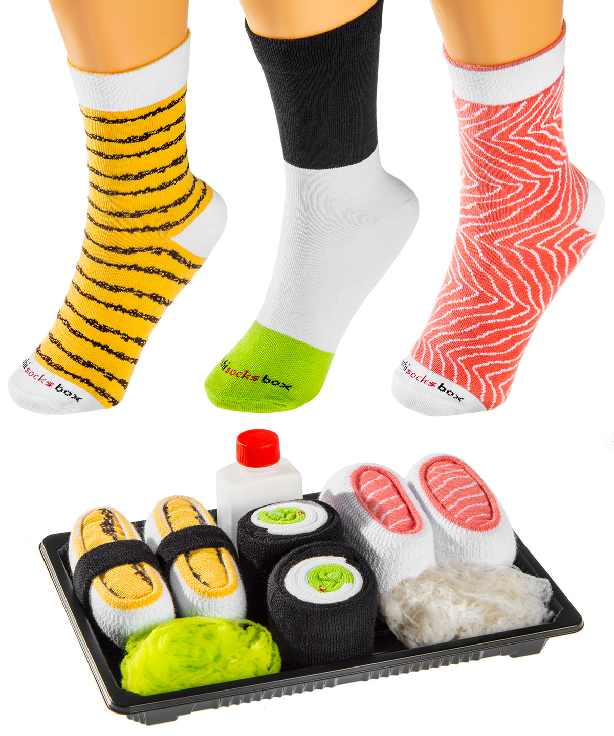 Sushi Socks Box: Tray of socks styled like a take-away sushi platter.