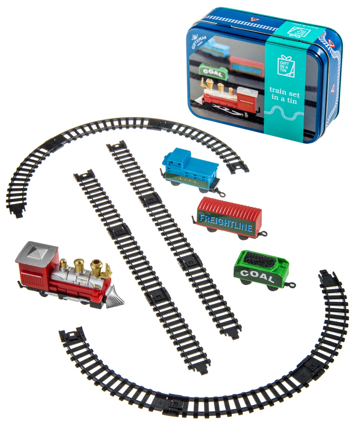 Train in a Tin: Ultra-compact toy train set.