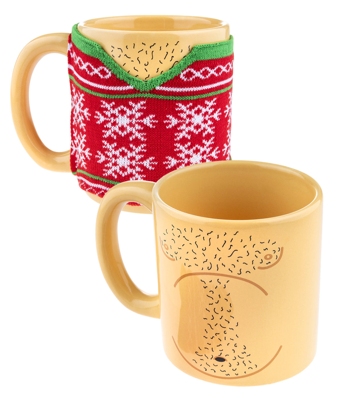 Ugly Sweater Mug: A hairy-chested mug with removable holiday attire.