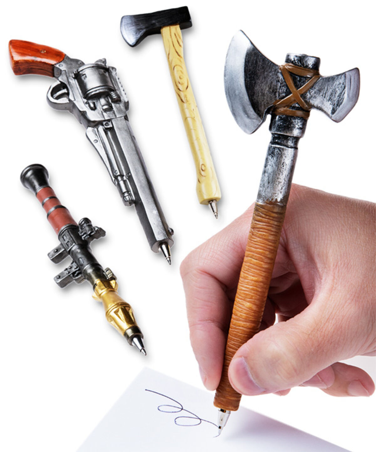Weapon Pens: Hand-crafted pens with designs featuring tools of destruction.