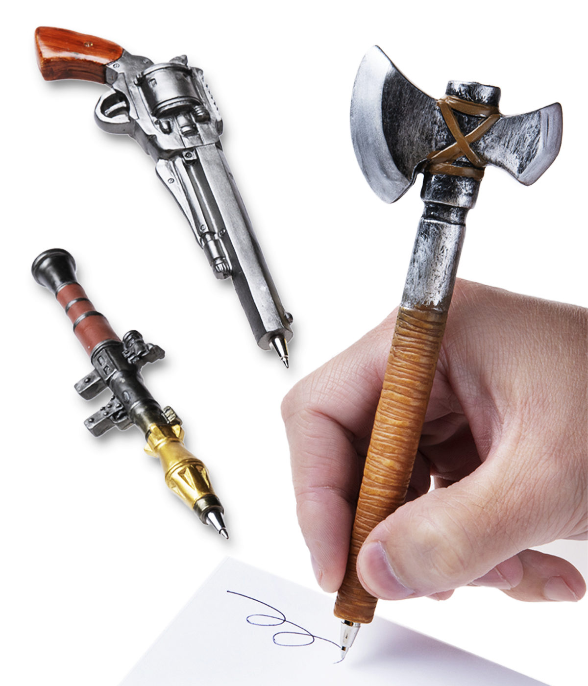Weapon Pens: Hand-crafted pens with designs featuring tools of destruction.